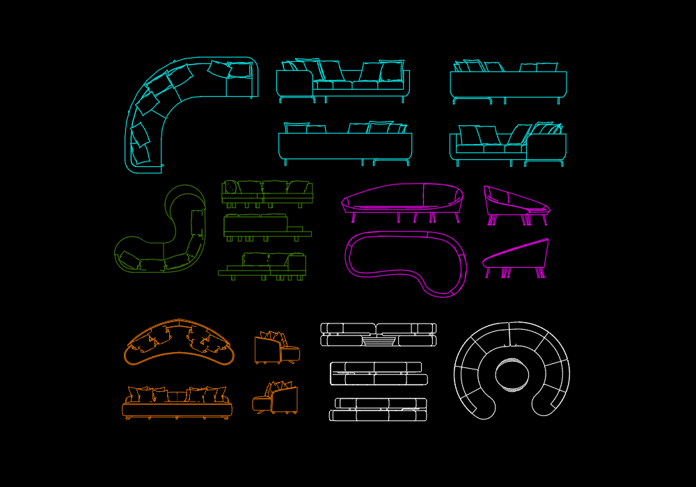 Curved sofa DWG CAD Block in plan and elevation, free - dwgfreecad